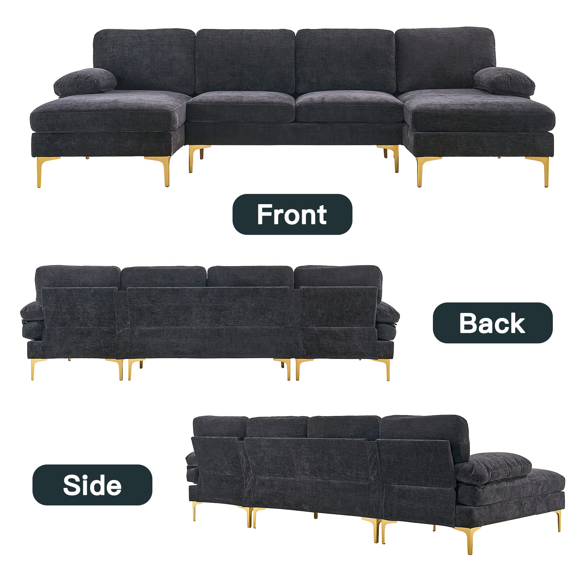 VERYKE U Shape Sectional Sofa Couch,Modern 110'' Chenille Fabric Sectional Couch Sofa, Upholstered Sofa Bed with Golden Metal Legs for Living Room