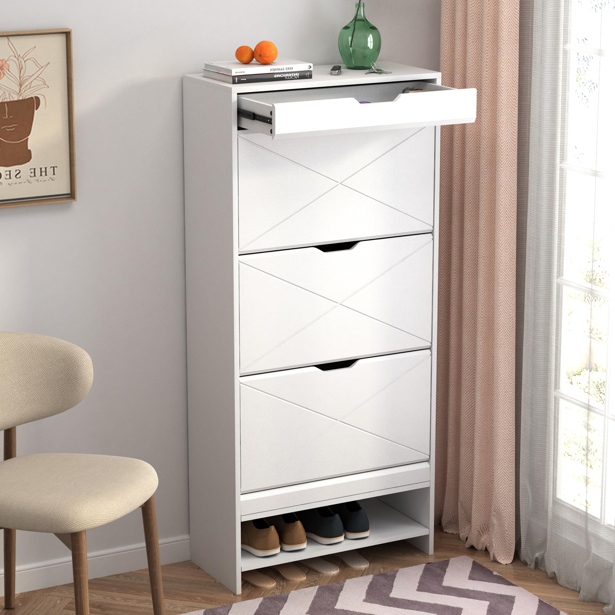 HESIEU Modern Wooden 3 Tier Tumble Shoe Cabinet Storage Cabinet White Finish with 1 Drawer and 1 Bottom Storage Suitable for Hallway, Entryway, Bedroom, Closet