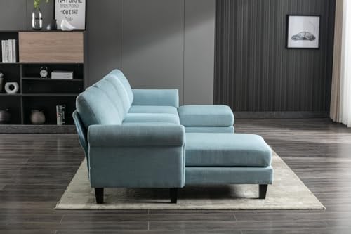 i-POOK 108" U-Shaped Sectional Couch, 6-Seat Linen Modular Couch with Chaise Lounge and Removable Cover, Modern Corner Couch with Ottoman for Living Room, Light Blue
