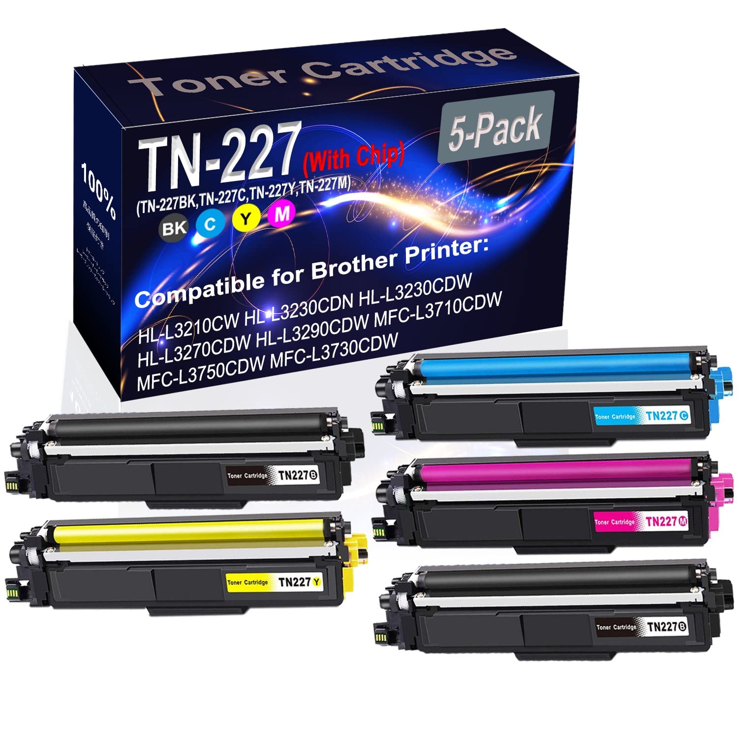 Kolasels (with Chip) 5-Pack (2BK+C+Y+M) Compatible High Yield TN227 TN-227 (TN-227BK TN-227C TN-227Y TN-227M) Printer Toner Cartridge use for HL-L3210CW L3230CDW L3270CDW Printers