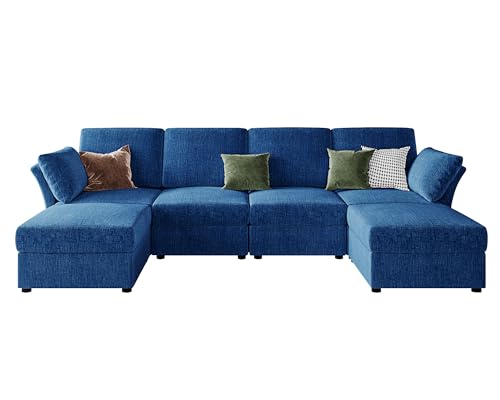 VanAcc Modular Sectional Sofa, Sectional Couch, 9 Seats Sofa- U Shaped sectional with Ottomans, Reversible Sofa Couch for Living Room, Blue Linen