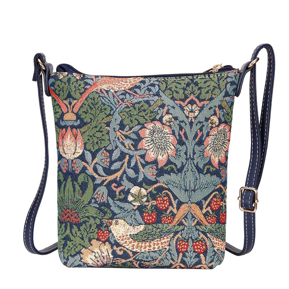 Signare Tapestry Small Crossbody Bag Sling Bag for Women with Flower and Bird William Morris Strawberry Thief Blue Design (SLING -STBL)