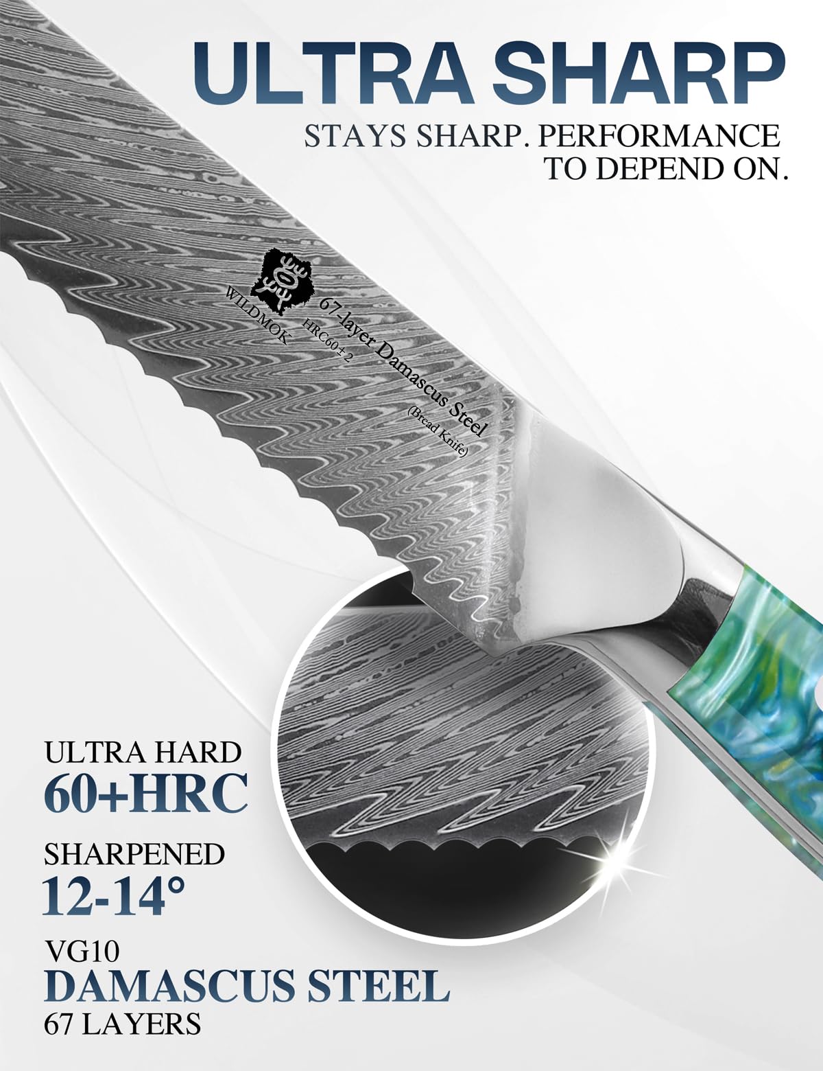 WILDMOK Serrated Bread Knife - 8 inch, Strong Resin Handle, 67 Layer Japanese VG10 Steel Slicer
