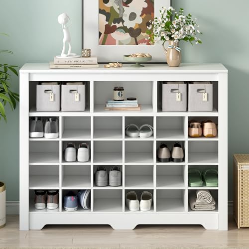 Goohome Sleek Design 24 Shoe Cubby Console, Modern 5-Tier Storage Shoe Cabinet with Curved Base, Versatile Sideboard for Hallway, Bedroom, Living Room, Space-Saving