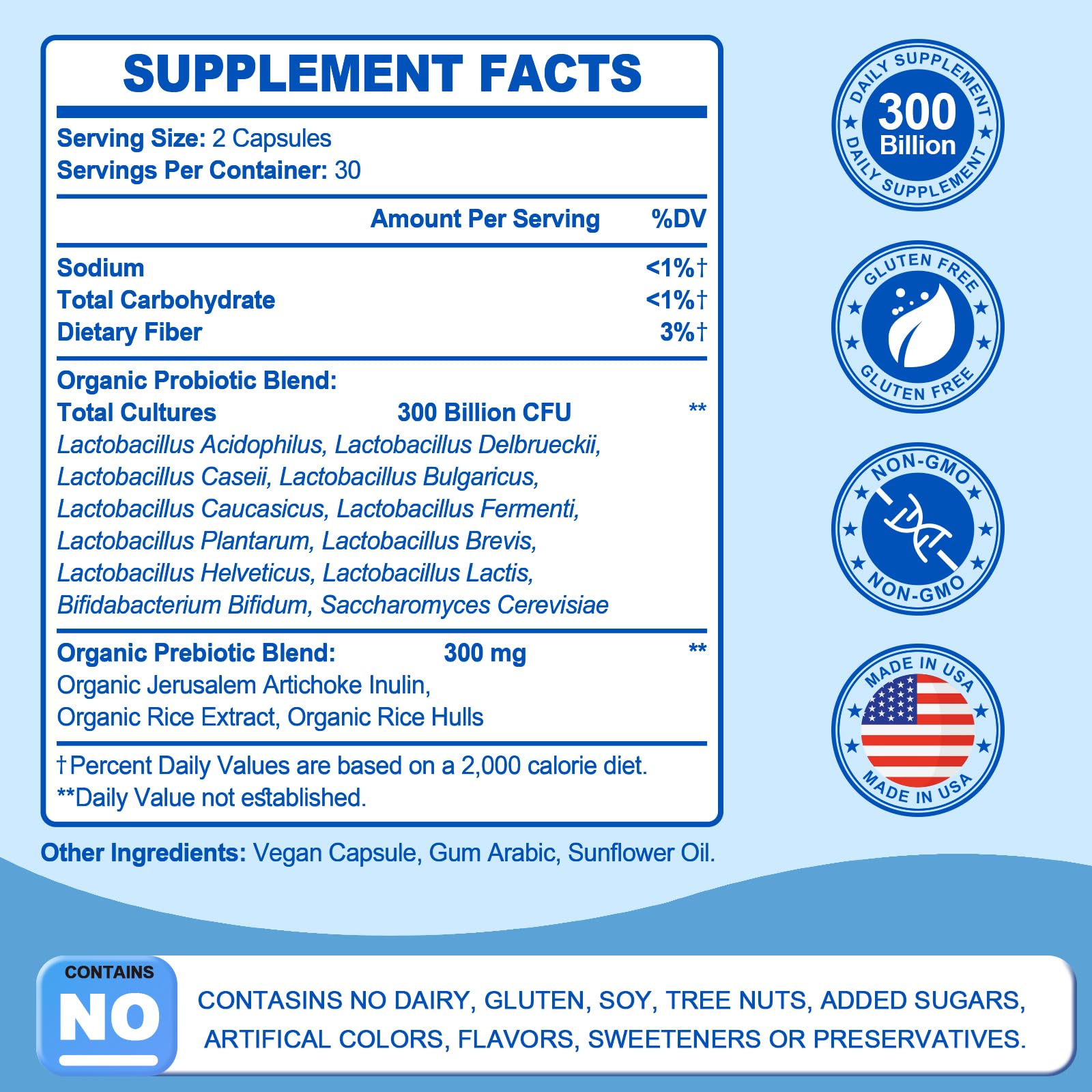Linkvibe Probiotic 300 Billion CFU - 12 Strains with Organic Prebiotics for Digestive & Gut, Immune, Bloating Health - Probiotics for Women and Men - Daily Dairy Free, Shelf Stable - 60 Counts