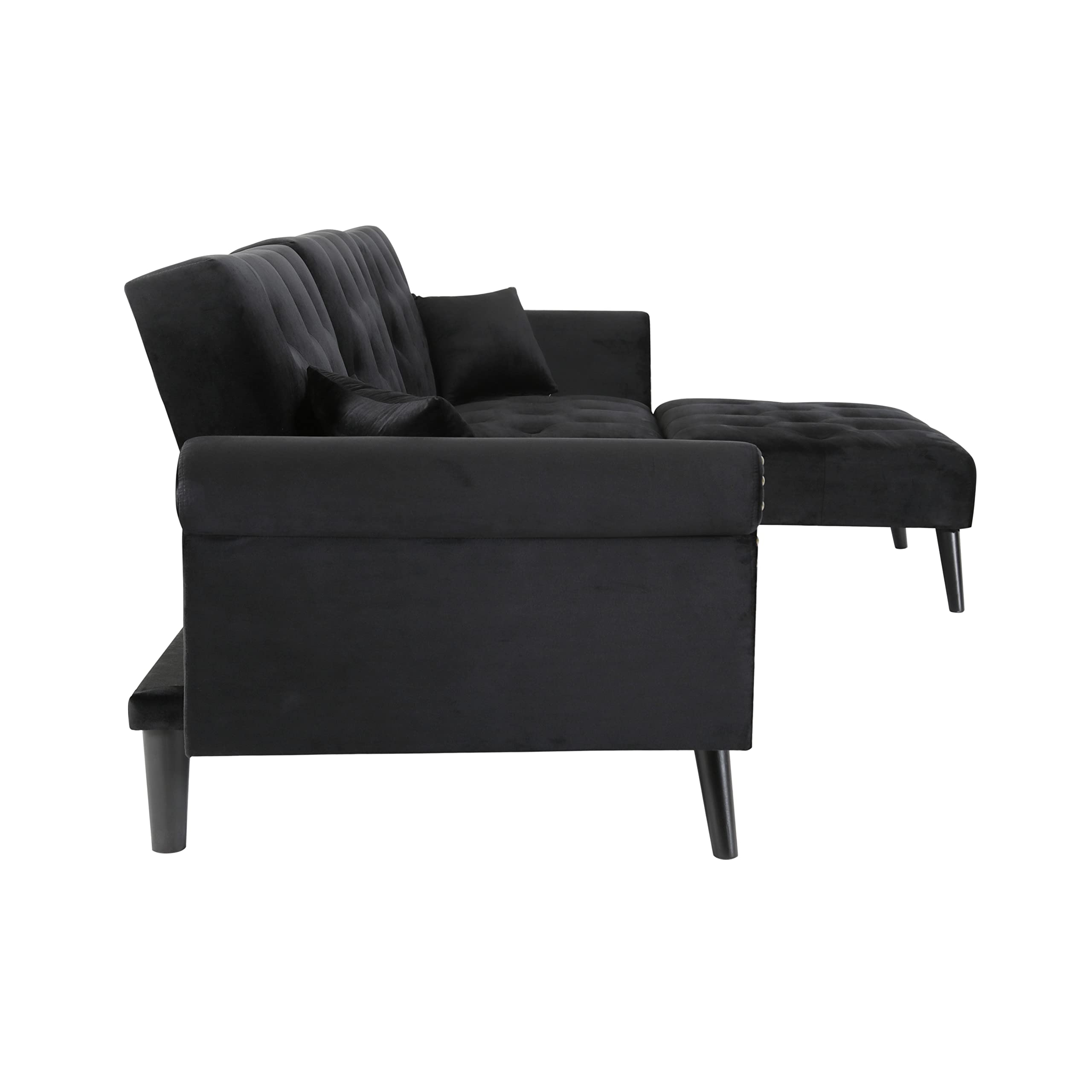 FULife Velvet Convertible Sleeper Sofa Bed, Reversible Sectional L-Shaped Couch with 2 Pillows and Right Chaise Lounge for Living Room Apartment Office Studio Furniture Sets, Black