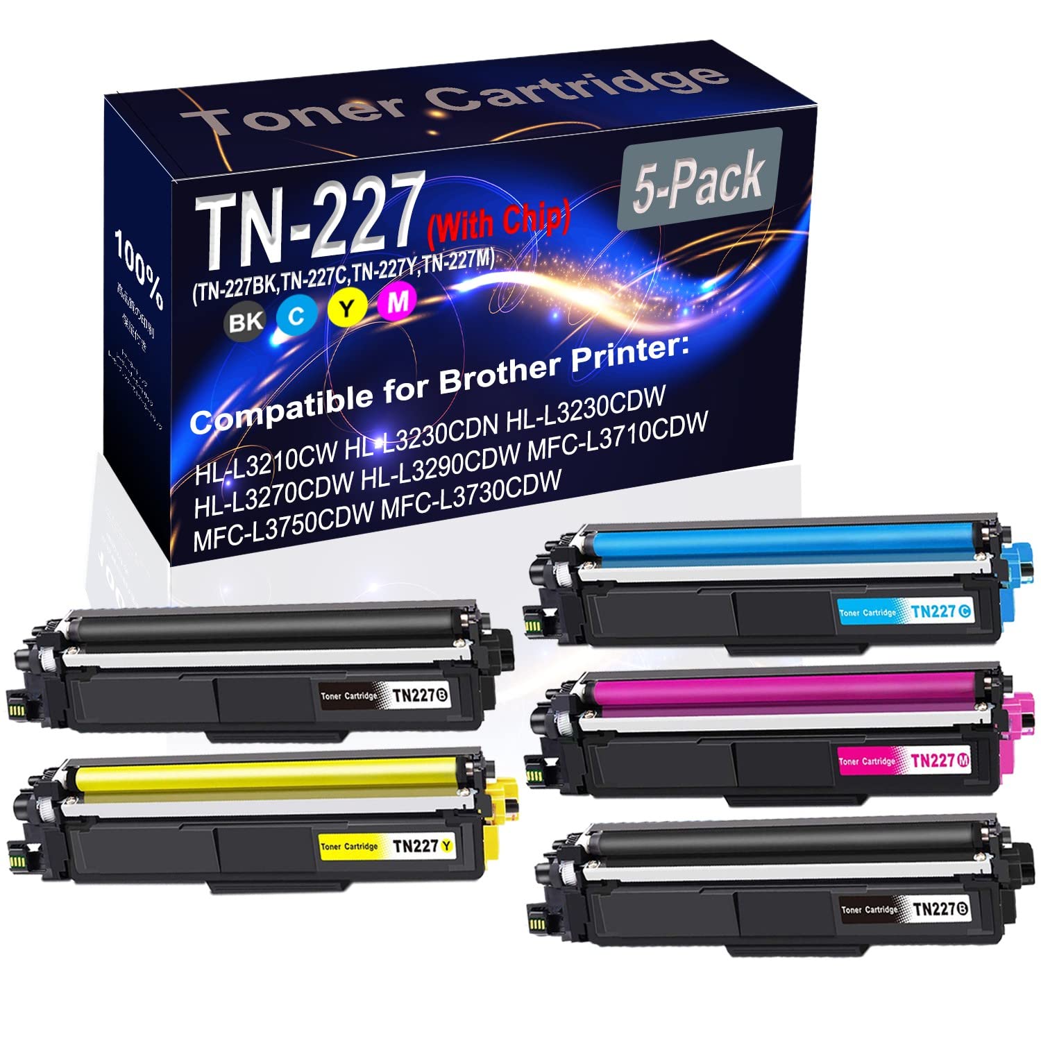 Kolasels (with Chip) 5-Pack (2BK+C+Y+M) Compatible HL-L3210CW Laser Printer Toner Cartridge (High Capacity) Replacement for TN227 TN-227 (TN-227BK TN-227C TN-227Y TN-227M) Printer Toner Cartridge