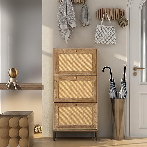 BouPower 3 Flip Drawer Shoe Cabinet,Natural Rattan Shoe Cabinet for Entryway Slim,Boho Shoe Cabinet for Entryway Hallway Bedroom Mudroom 23.6"" L×9"" W×49.4"" H