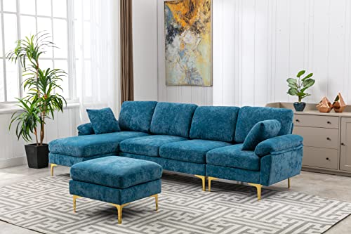 EMKK Chenille Sectional Sofa Modern Couch with Ottoman, Convertible Modular L/U Shaped Sofá with Chaise Sleeper Comfy Upholstered Furniture for Living Room, Apartment, Studio, Office