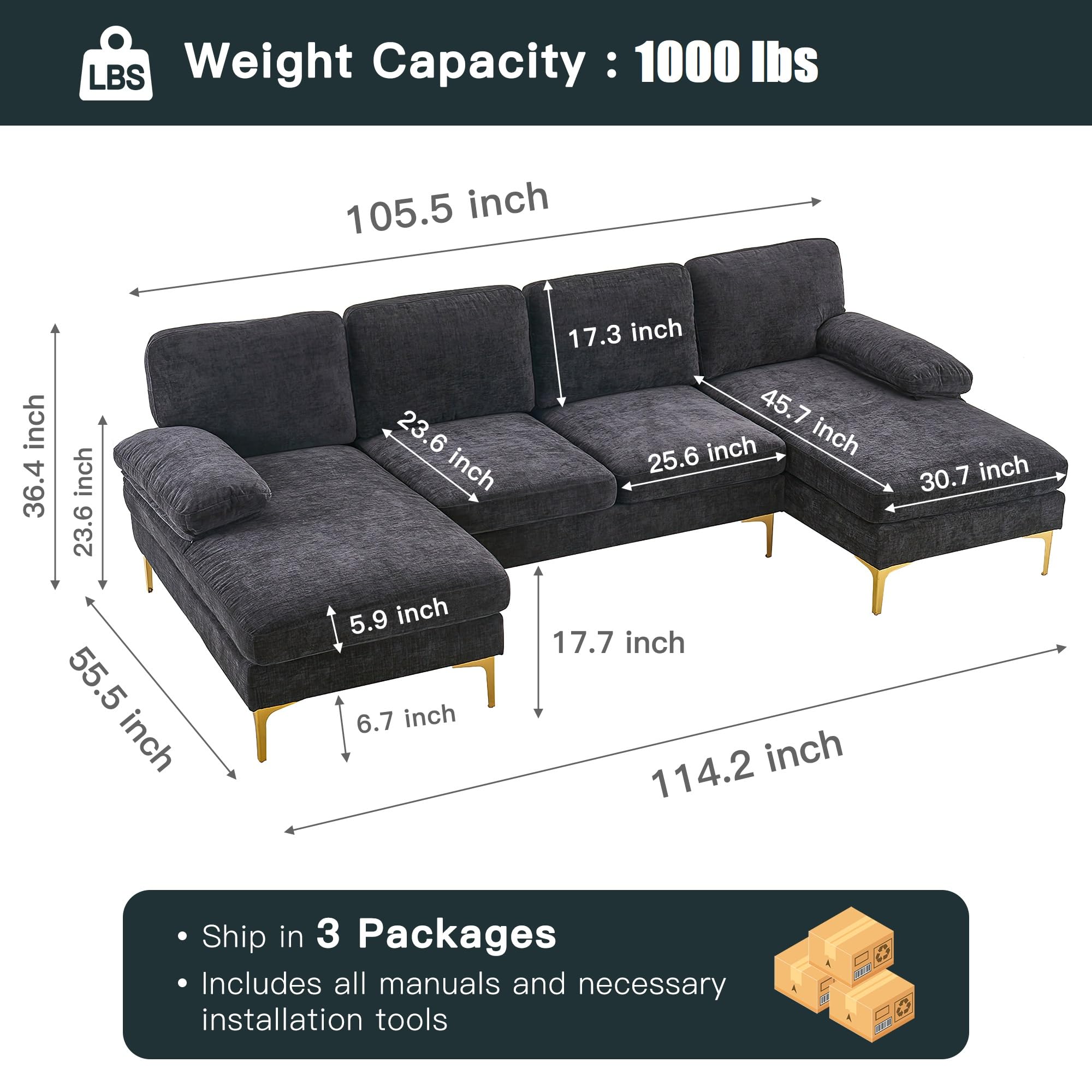 VERYKE U Shape Sectional Sofa Couch,Modern 110'' Chenille Fabric Sectional Couch Sofa, Upholstered Sofa Bed with Golden Metal Legs for Living Room