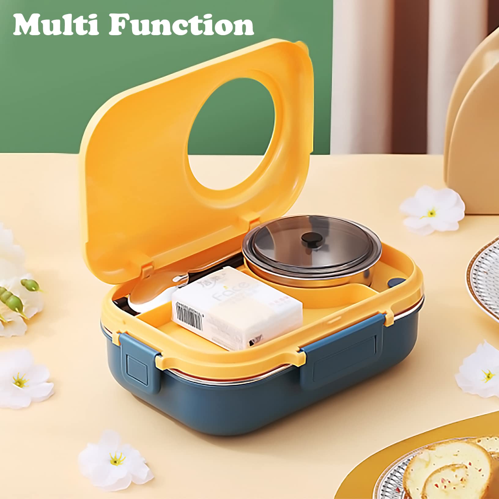 LANSKYWARE Stainless Steel Bento Box with Insulated Lunch Bag, 900 ml Lunch Box & 200 ml Soup Bowl, Blue & Yellow