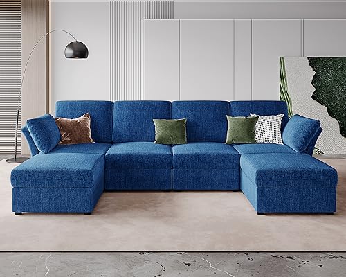 Amerlife Sectional Sofa, Convertible Sofa- Modular Sectional Sofa, 6 Seats U Shaped sectional with Ottomans, Reversible Sofa Couch for Living Room, Blue Linen