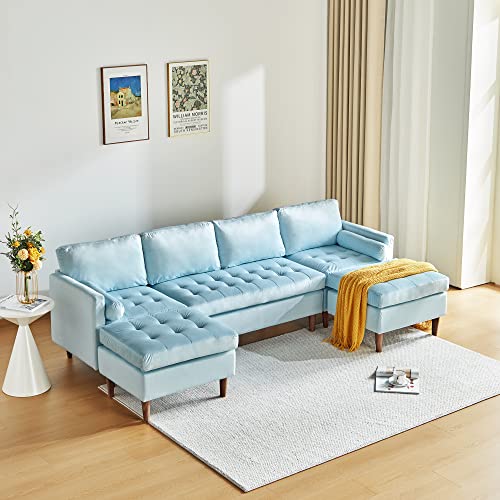 wirrytor Modular Sectional Sofa, Velvet U Shaped Couch, Modular Sectional with Reversible Ottomans for Living Room, Blue