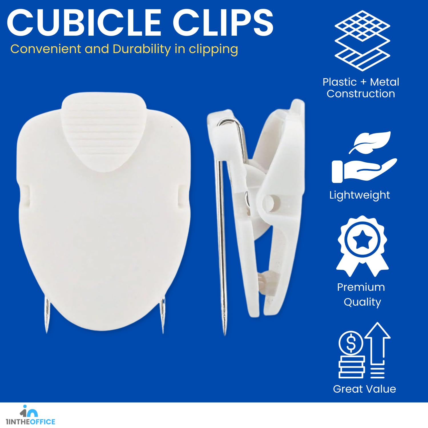 1InTheOffice Cubicle Clips, White Cubicle Pins, Office Clips, Wall Clip for Fabric Panels, (12 Pack)