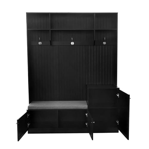 BNSPLY 59" Hall Tree with Bench and Shoe Storage, Modern Entryway Bench with Coat Rack and Cushion, Mudroom Bench with 2 Large Storage Cabinet,3 Metal Hooks and Top Shelves for Hallway (White)
