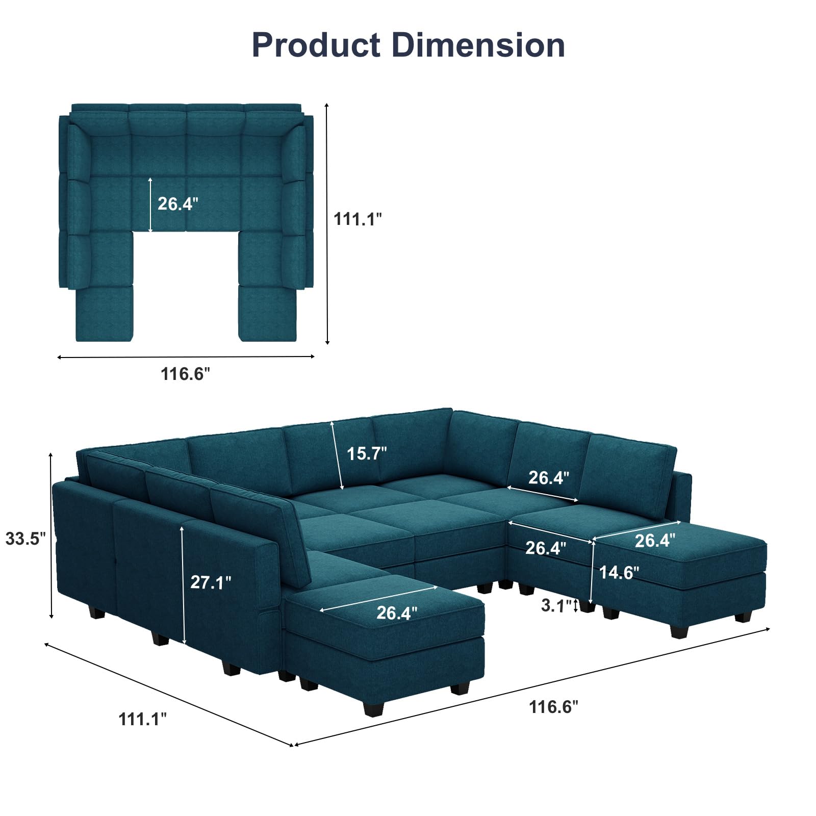 Belffin Terry Fabric Oversized U Shaped Sectional Sofa with Chaise Modular Sectional Sofa Couch for Living Room Convertible Sleeper Bed. Peacock Blue Couch