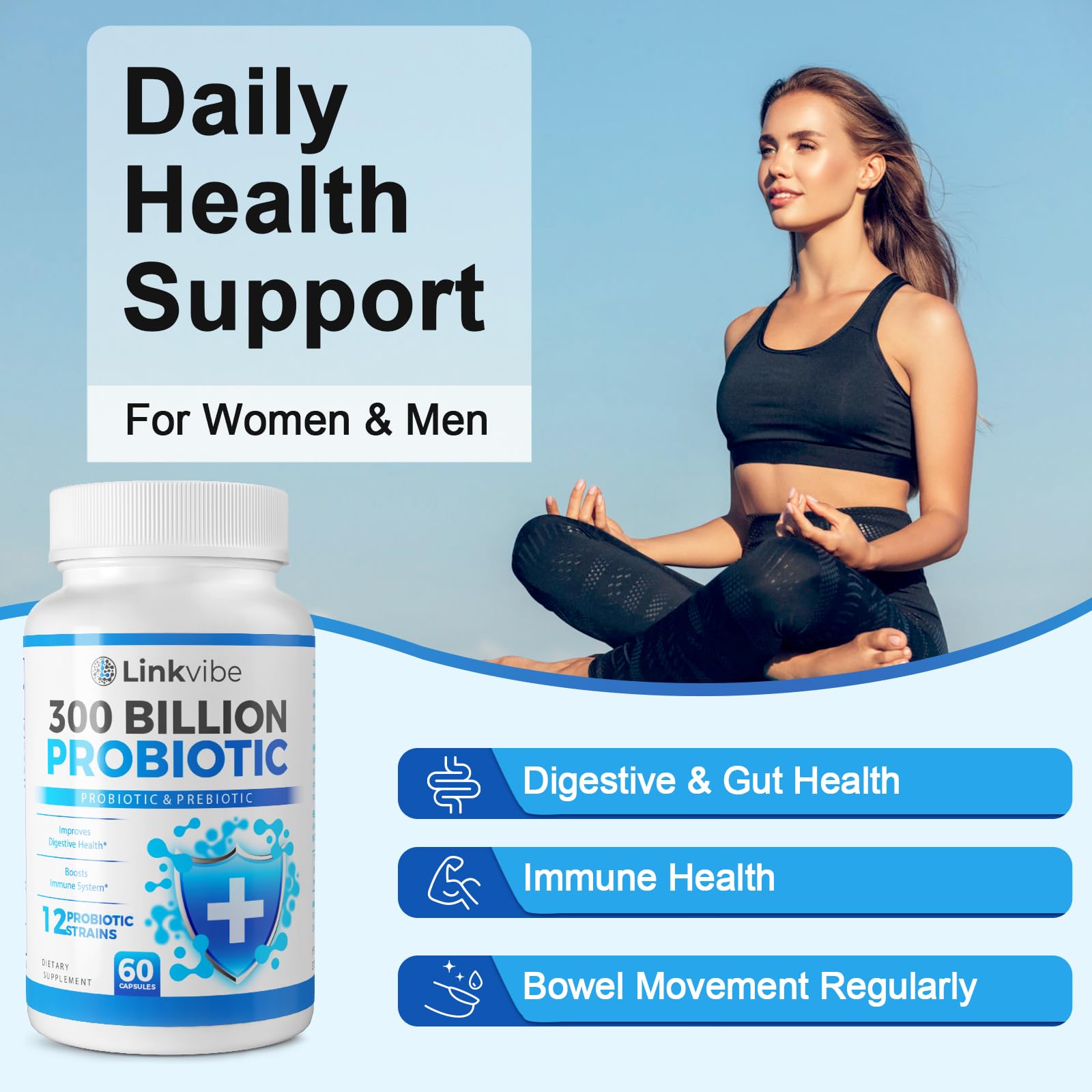 Linkvibe Probiotic 300 Billion CFU - 12 Strains with Organic Prebiotics for Digestive & Gut, Immune, Bloating Health - Probiotics for Women and Men - Daily Dairy Free, Shelf Stable - 60 Counts
