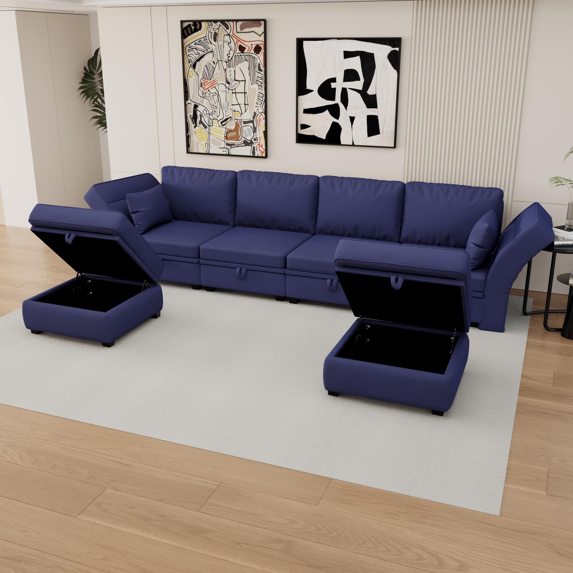 YOUGUO Modular Sectional Sofa U-Shaped Sofa, 110 Inch Modular Sectional Sofa Couch with Storage Seats, Linen Reversible Sectional Sofa for Living Room Apartment, Blue