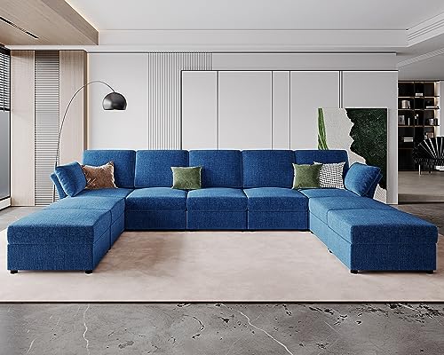 VanAcc Modular Sectional Sofa, Sectional Couch, 9 Seats Sofa- U Shaped sectional with Ottomans, Reversible Sofa Couch for Living Room, Blue Linen
