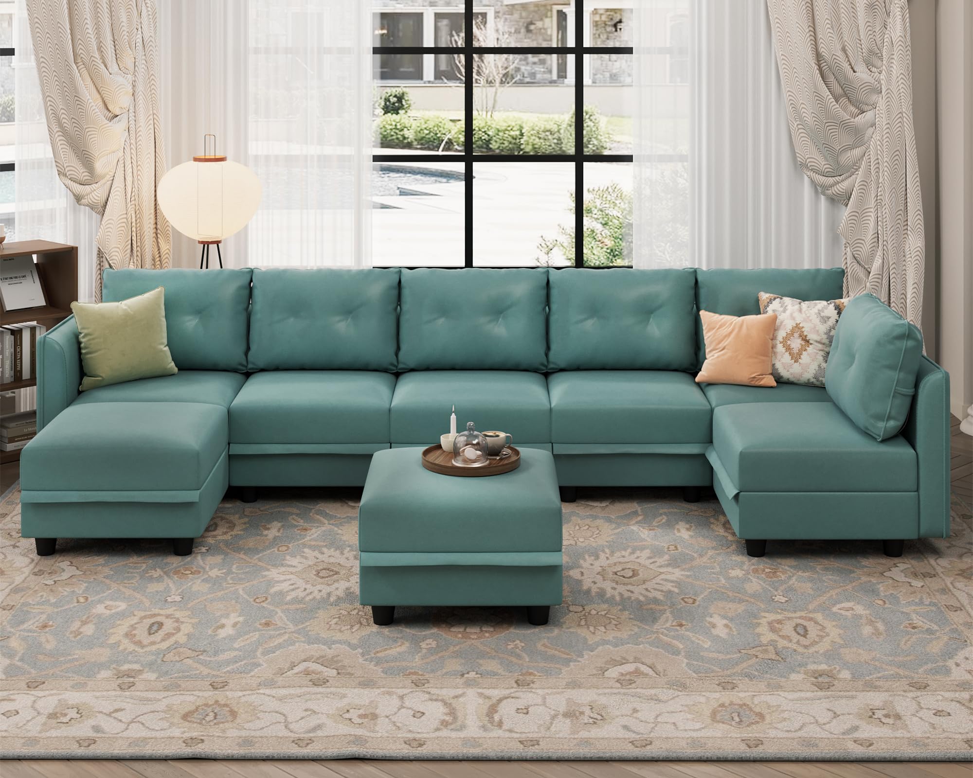 LLappuil Modular Sectional Sofa with Reversible Chaise, U Shaped Couch with Storage, Modern Faux Leather Fabric Sofa with Ottoman, Oversized Sectionals for Living Room, 8 Seat, Aqua Blue