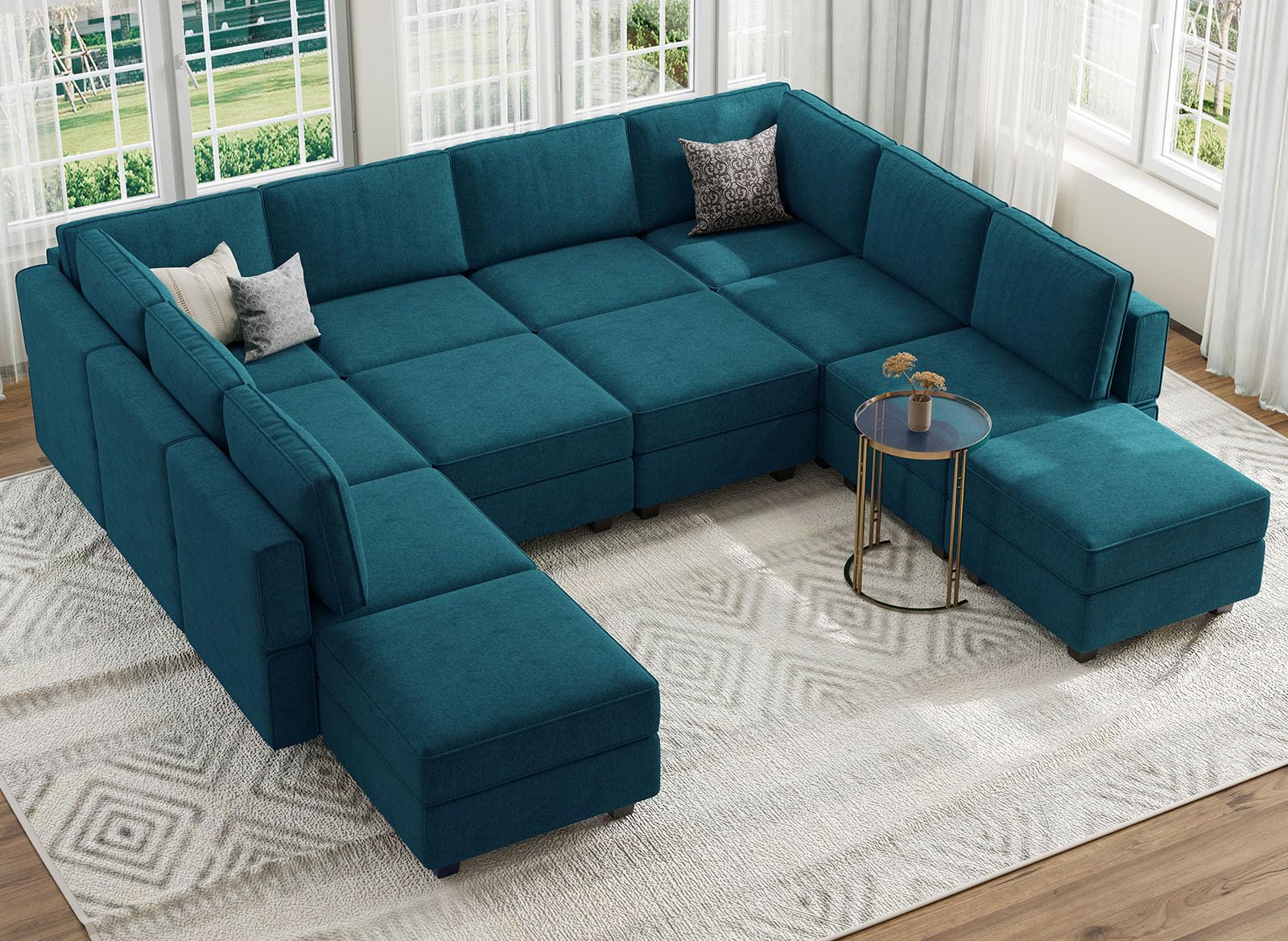 Belffin Terry Fabric Oversized U Shaped Sectional Sofa with Chaise Modular Sectional Sofa Couch for Living Room Convertible Sleeper Bed. Peacock Blue Couch