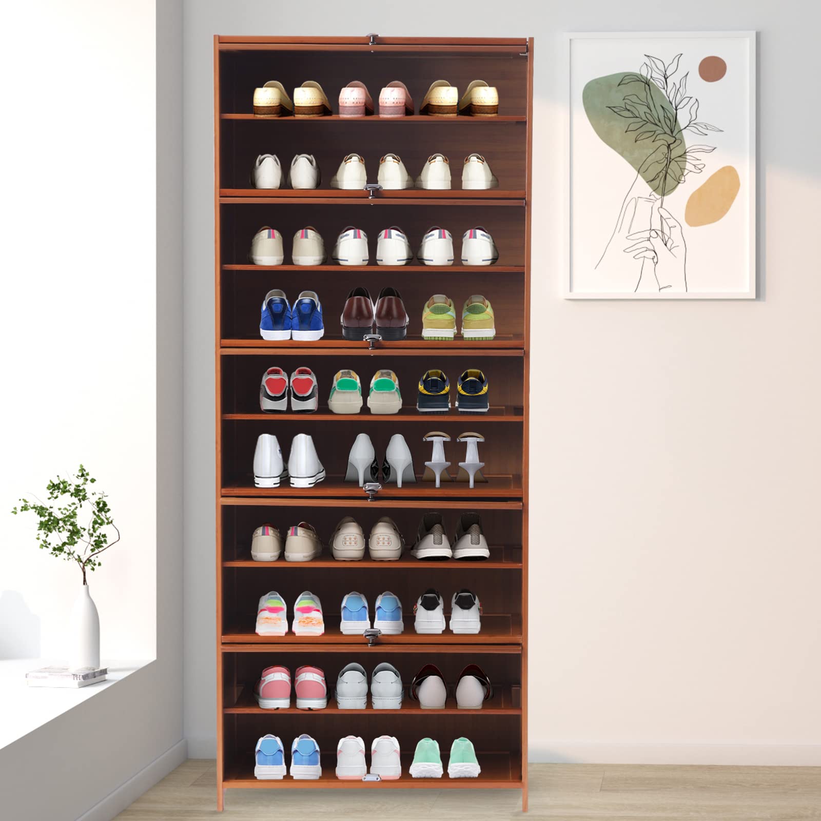 DreamRcoach 10 Tier Shoe Storage Cabinet, Bamboo Shoes Shelf Rack, Entryway Shoe Organizer Cabinet, Freestanding Shoe Rack for Entryway Office Living Room, Brown