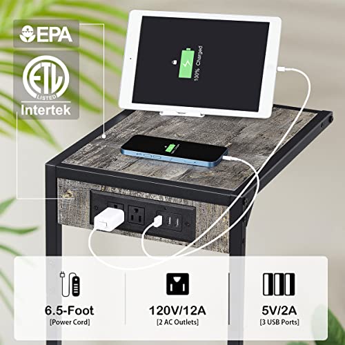 Set of 2 C Shaped End Table with Charging Station, Snack Side Table with Table with USB Ports & Power Outlets, C Tables for Couch, Couch Tables That Slide Under, for Living Room, Bedroom, Gray