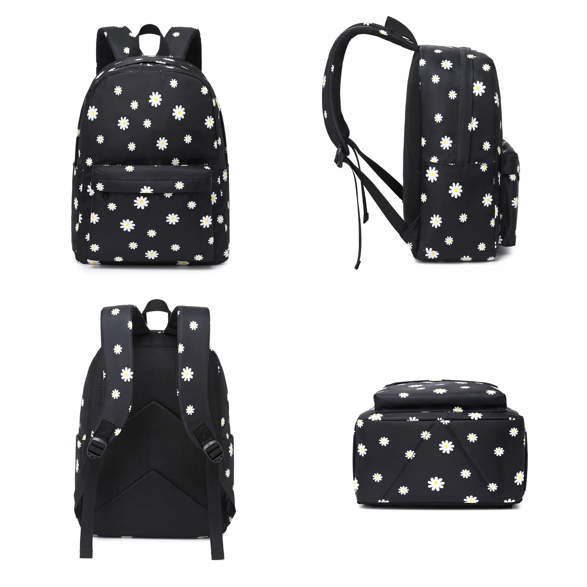 Mimfutu School Backpack for Teen Girls, 3-in-1 Kids Backpack Bookbag Set School Bags with Lunch Box Pencil Case (Flowers Black)