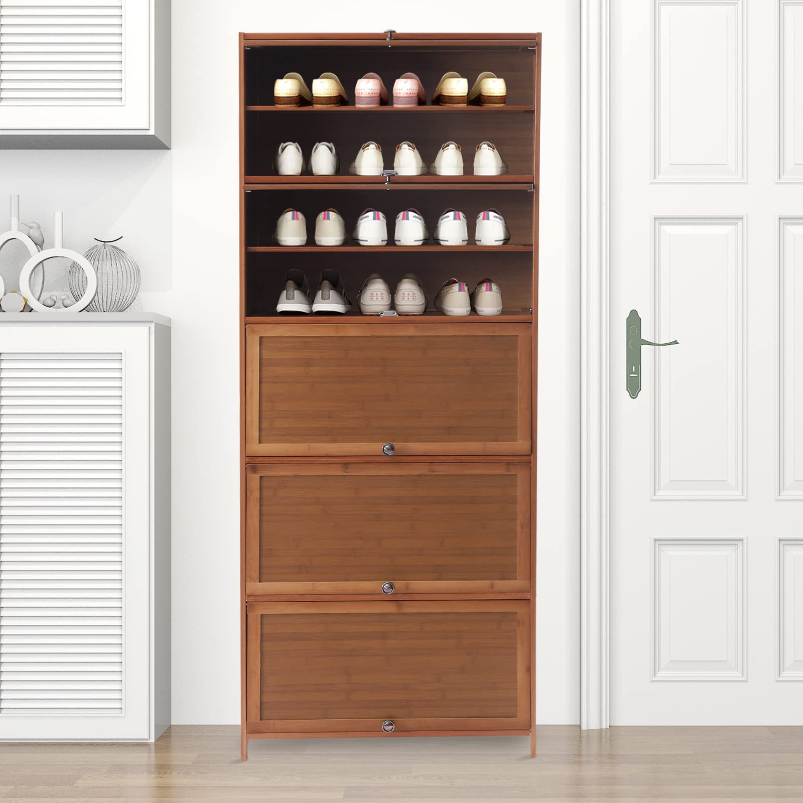DreamRcoach 10 Tier Shoe Storage Cabinet, Bamboo Shoes Shelf Rack, Entryway Shoe Organizer Cabinet, Freestanding Shoe Rack for Entryway Office Living Room, Brown