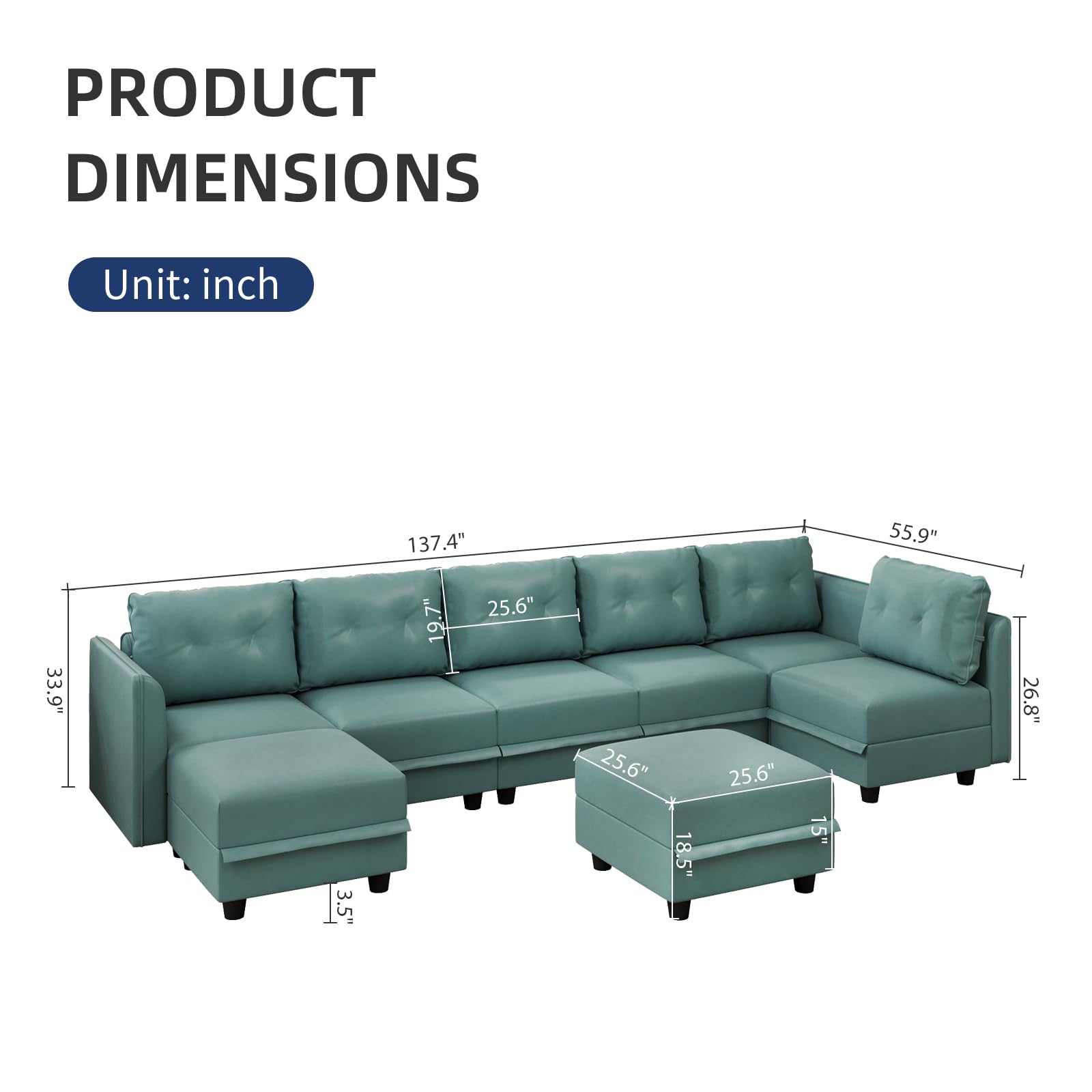 LLappuil Modular Sectional Sofa with Reversible Chaise, U Shaped Couch with Storage, Modern Faux Leather Fabric Sofa with Ottoman, Oversized Sectionals for Living Room, 8 Seat, Aqua Blue
