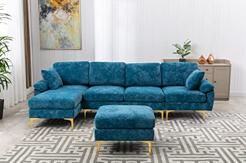 EMKK Chenille Sectional Sofa Modern Couch with Ottoman, Convertible Modular L/U Shaped Sofá with Chaise Sleeper Comfy Upholstered Furniture for Living Room, Apartment, Studio, Office