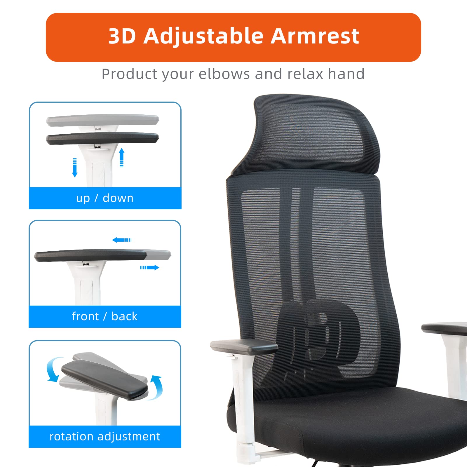 CLATINA Ergonomic High Back Office Chair, Comfort Swivel Home Office Task Chair, Breathable Mesh Desk Chair, Home Office Desk Chairs with Lumbar Support Flip-up Arms and Adjustable Backrest tilt