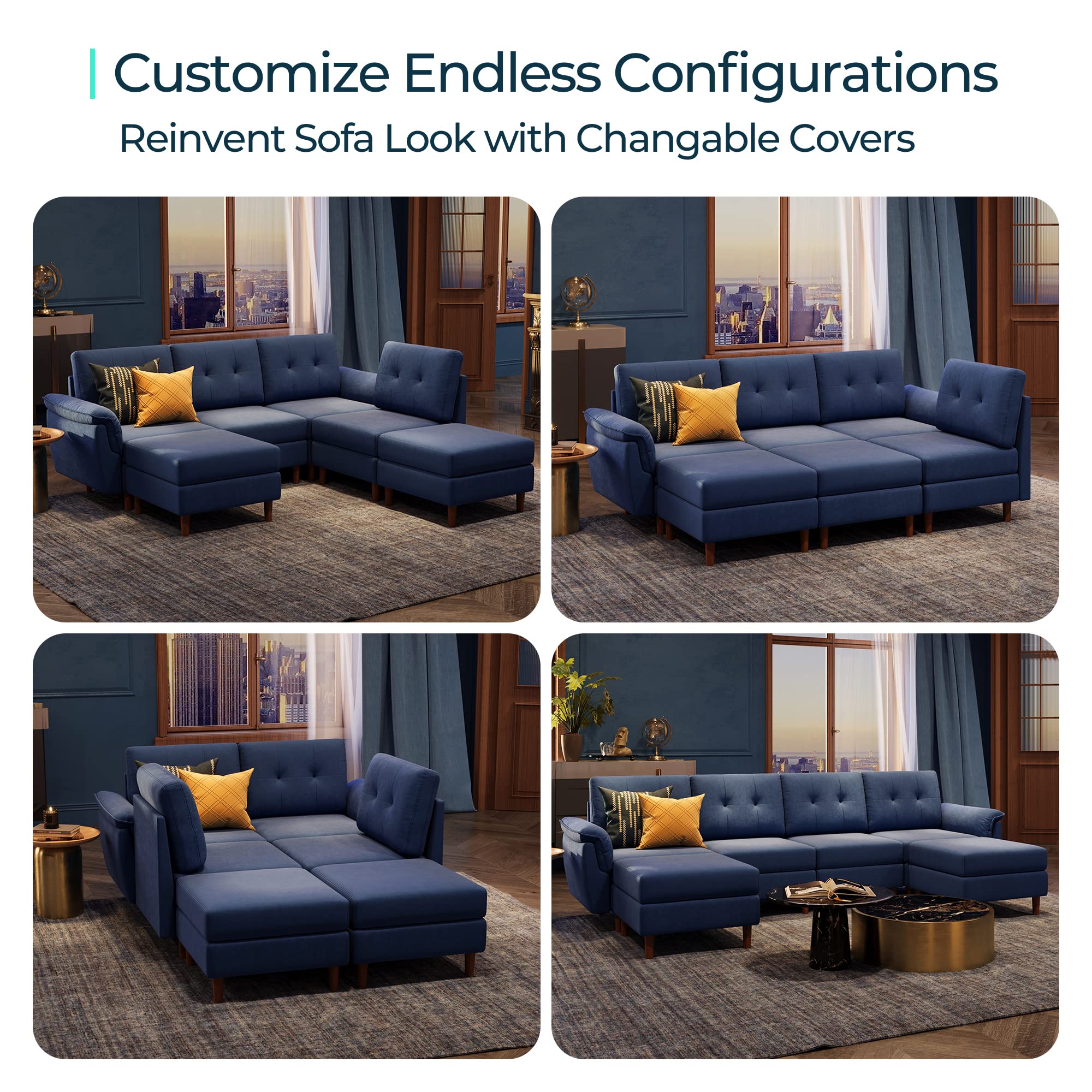 LINSY HOME Modular Sectional Sofa, Velvet Sectional Sofa Couch with Memory Foam, U Shape 6 Seat Modular Sectionals with Ottomans, Sleeper Sofa Couches with Chaise for Living Room, Blue