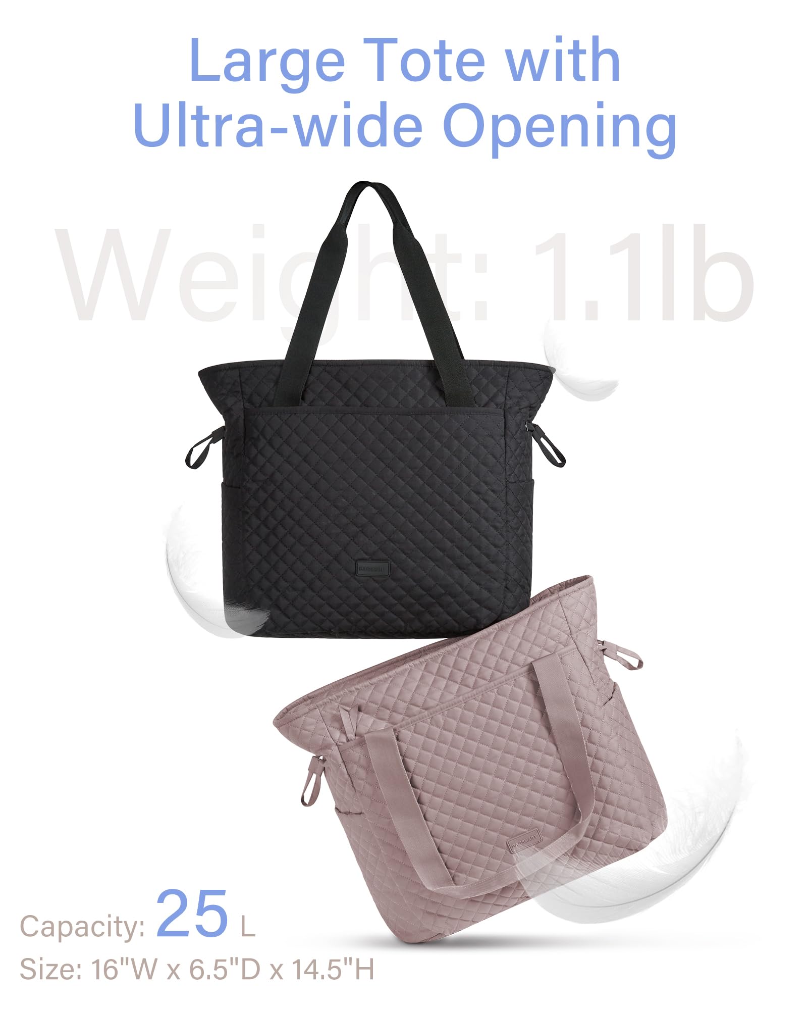 BAGSMART 25L Quilted Tote Bag Large Shoulder Bag with Top Handle for Women, Machine Washable Work Travel Handbag