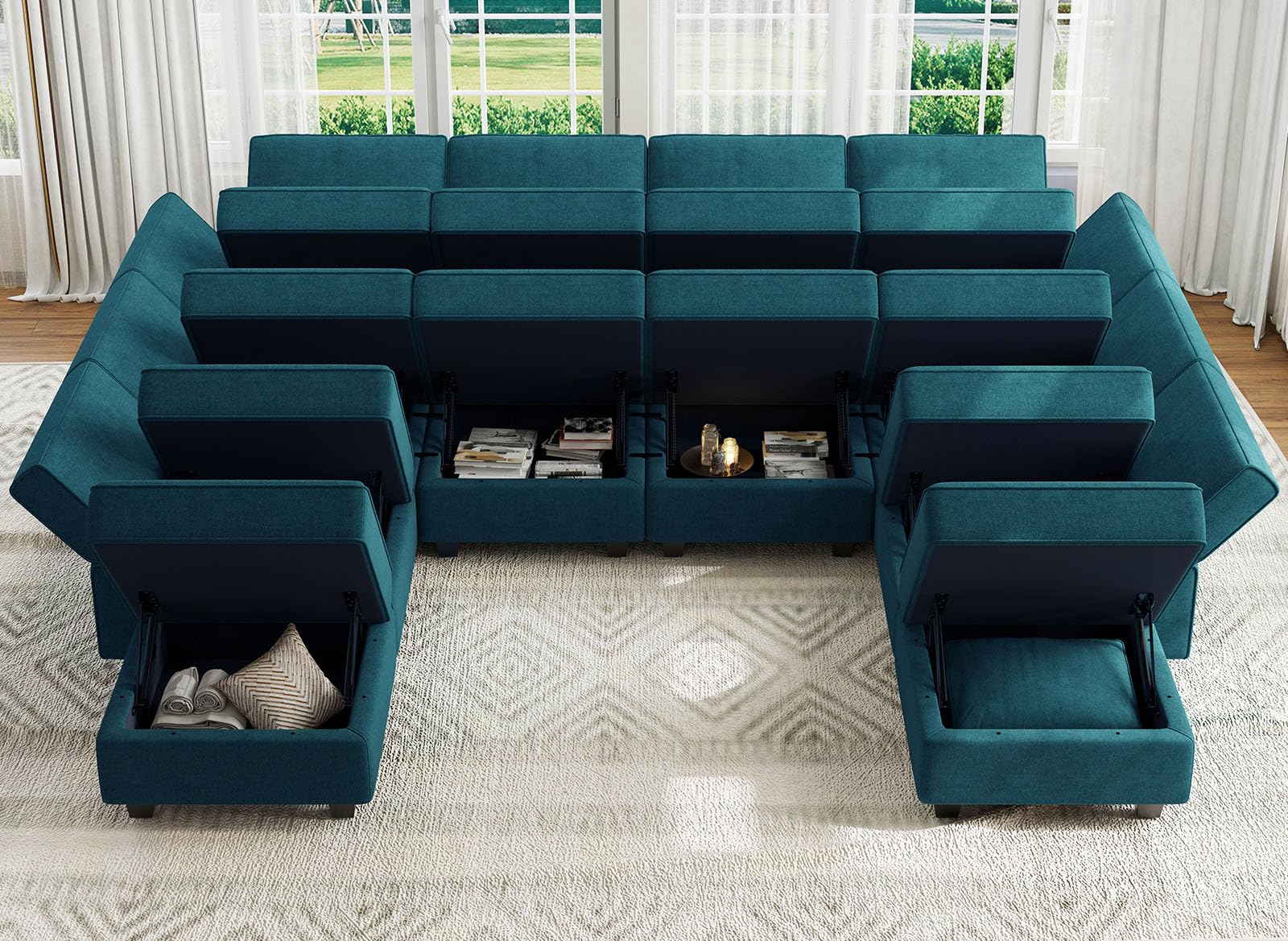 Belffin Terry Fabric Oversized U Shaped Sectional Sofa with Chaise Modular Sectional Sofa Couch for Living Room Convertible Sleeper Bed. Peacock Blue Couch