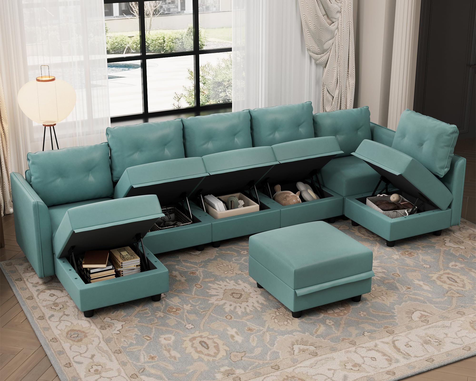 LLappuil Modular Sectional Sofa with Reversible Chaise, U Shaped Couch with Storage, Modern Faux Leather Fabric Sofa with Ottoman, Oversized Sectionals for Living Room, 8 Seat, Aqua Blue