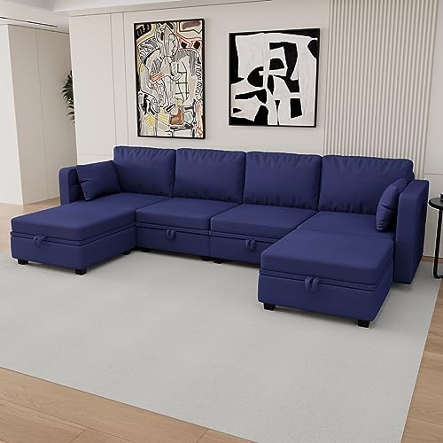 Xshelley Modular Sectional Sofa Couch with Storage Seat, U-Shaped Sectional Sofa with Lounge Chaise & Movable Ottoman, Living Room Furniture Sets (Blue)