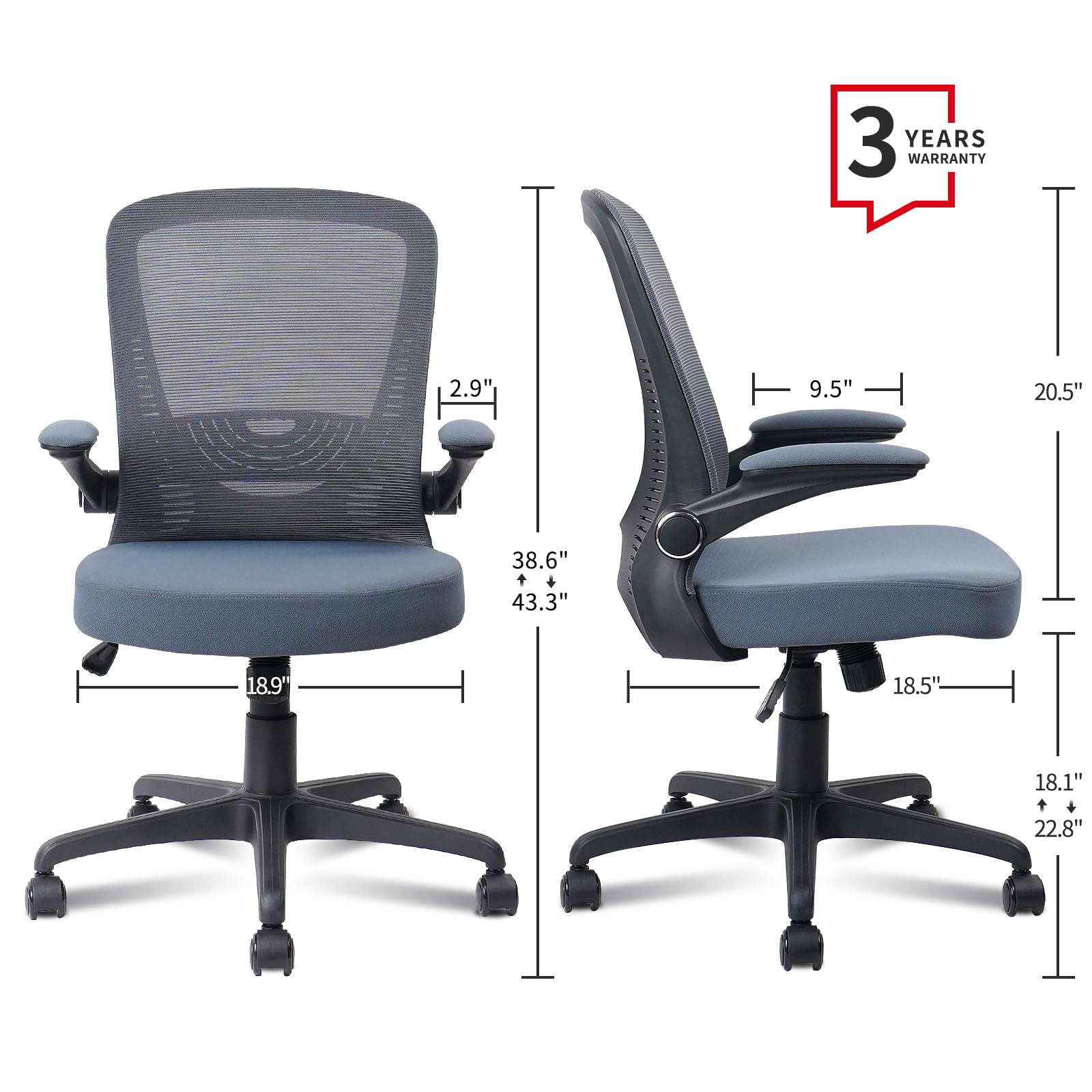 CLATINA Ergonomic Office Chair, Classic Executive Mesh Chair middle Back Desk Chair Breathable Swivel Computer Chair with Adjustable Lumbar Support and Flip up Armrest, for Home Office Conference Room