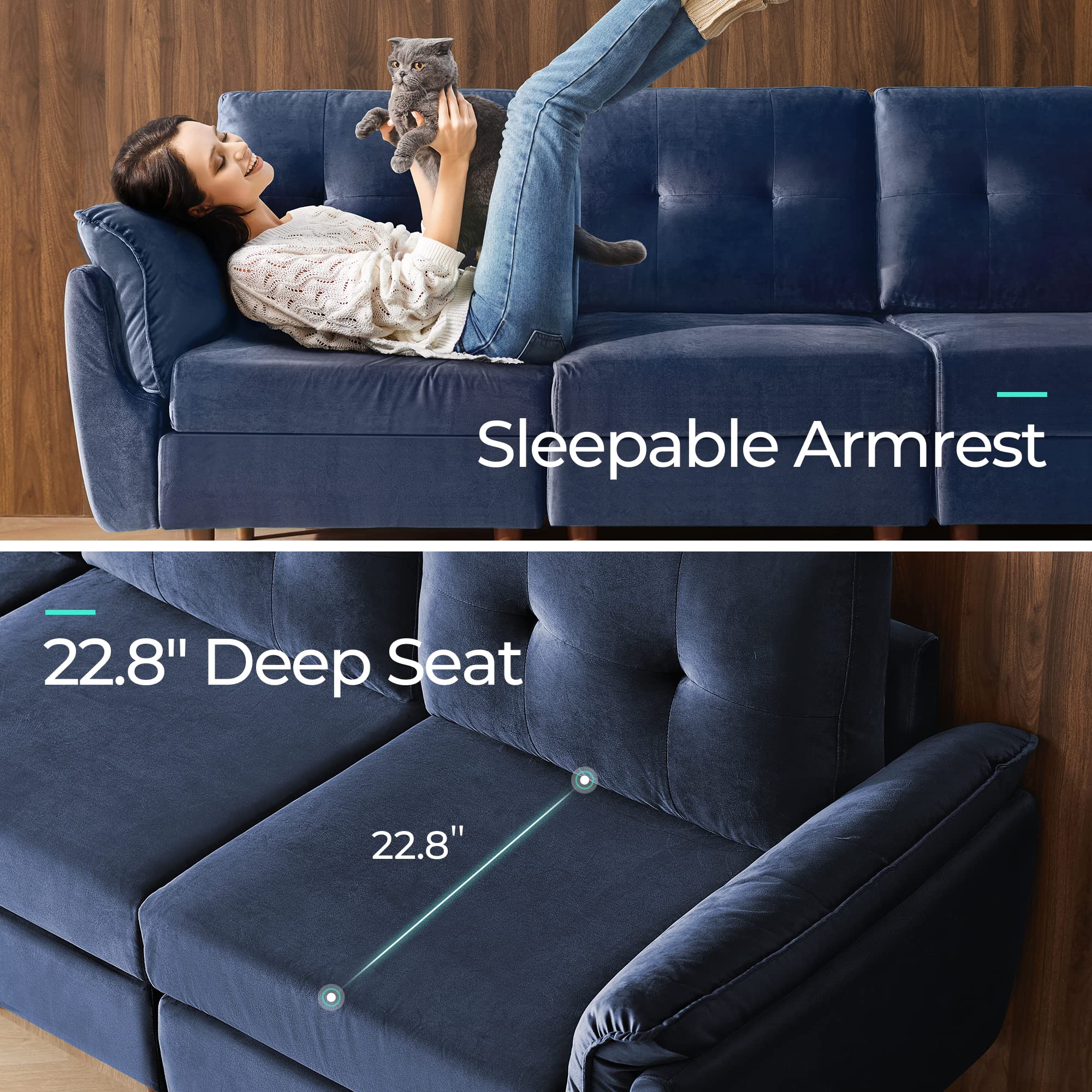 LINSY HOME Modular Sectional Sofa, Velvet Sectional Sofa Couch with Memory Foam, U Shape 6 Seat Modular Sectionals with Ottomans, Sleeper Sofa Couches with Chaise for Living Room, Blue