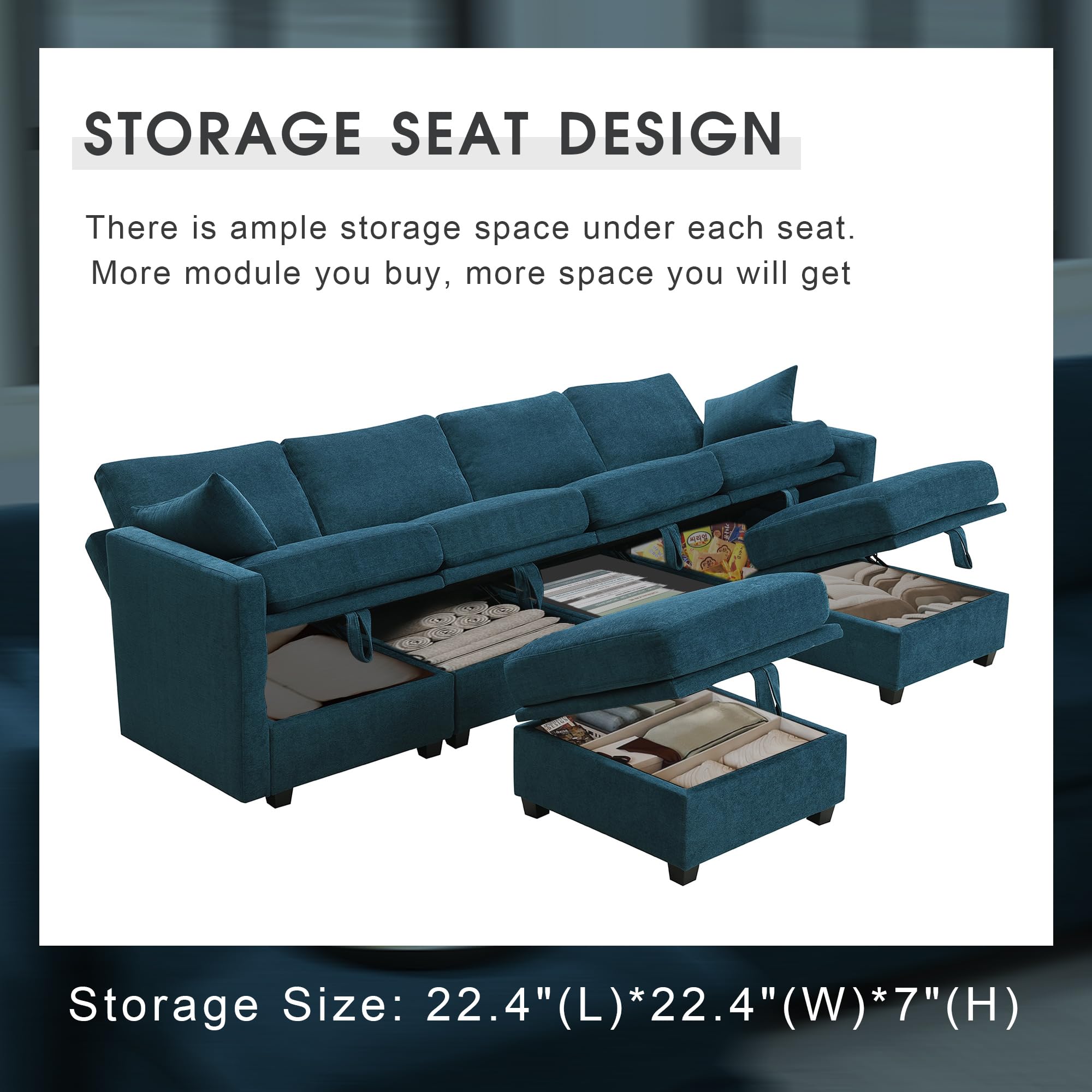 Hlcodca Chenille Modular Sectional U Shaped Couch with Adjustable Armrests and Backrests, 6 Seat Reversible Sofa Bed with Storage Seats, for Living Room, Apartment, 2 Colors(Blue-U)