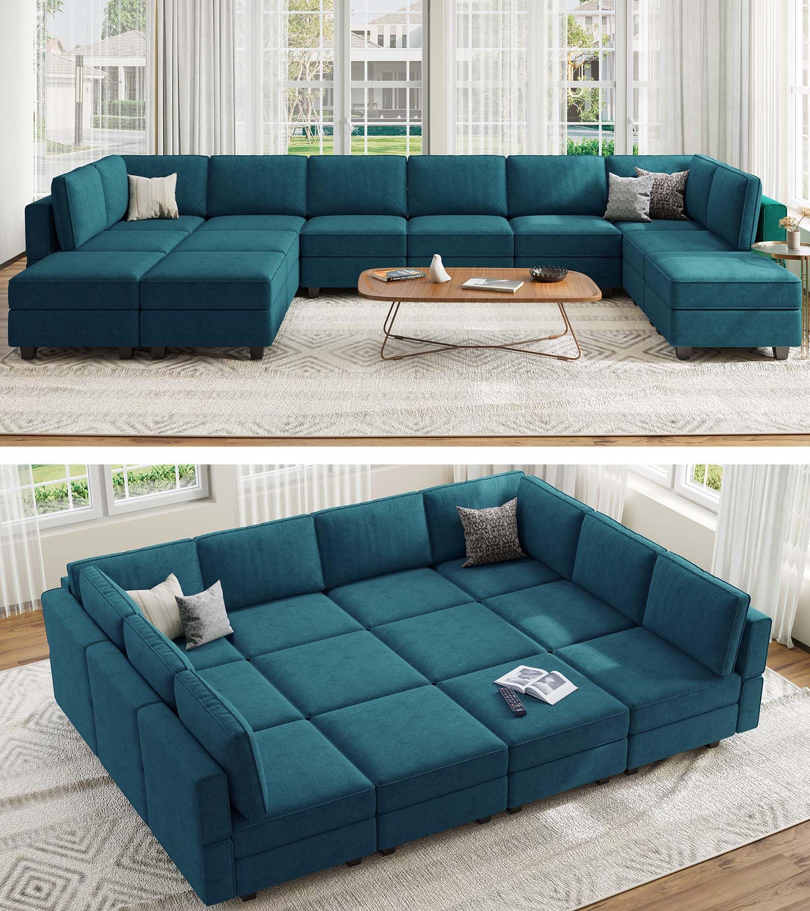 Belffin Terry Fabric Oversized U Shaped Sectional Sofa with Chaise Modular Sectional Sofa Couch for Living Room Convertible Sleeper Bed. Peacock Blue Couch