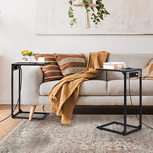 Set of 2 C Shaped End Table with Charging Station, Snack Side Table with Table with USB Ports & Power Outlets, C Tables for Couch, Couch Tables That Slide Under, for Living Room, Bedroom, Gray