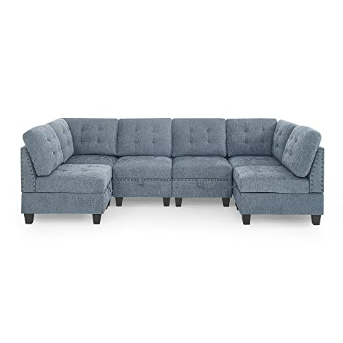 Hdxdkog Modern Oversized Sectional Sofa,Living Room Sofa Set with DIY Combination,U Shaped Storage Modular Sofa Couch with 4 Single Sofa Chair and 2 Corner Sofa,for Living Room,Office (Navy, U-4+2)