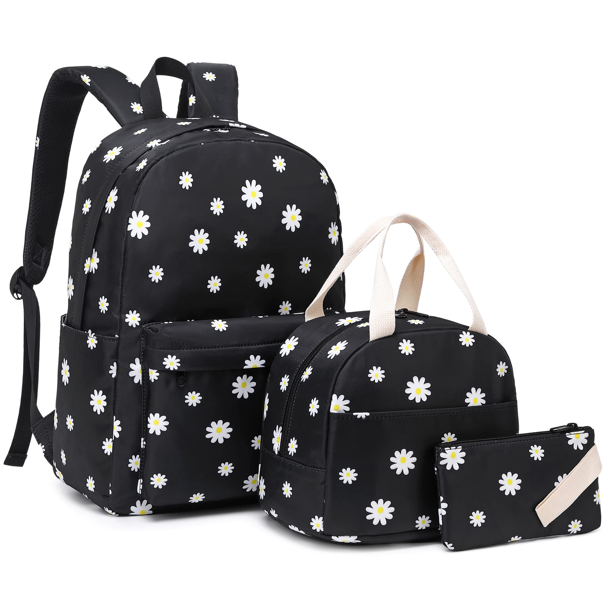 Mimfutu School Backpack for Teen Girls, 3-in-1 Kids Backpack Bookbag Set School Bags with Lunch Box Pencil Case (Flowers Black)