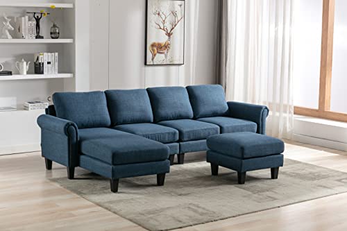 Olela U Shaped Modular Sectional Sofa for Living Room, Oversized Deep Seat Sofa Modern Linen Upholstered Sectional Couch with Chaise Lounge and Comfy Backrest (Navy)