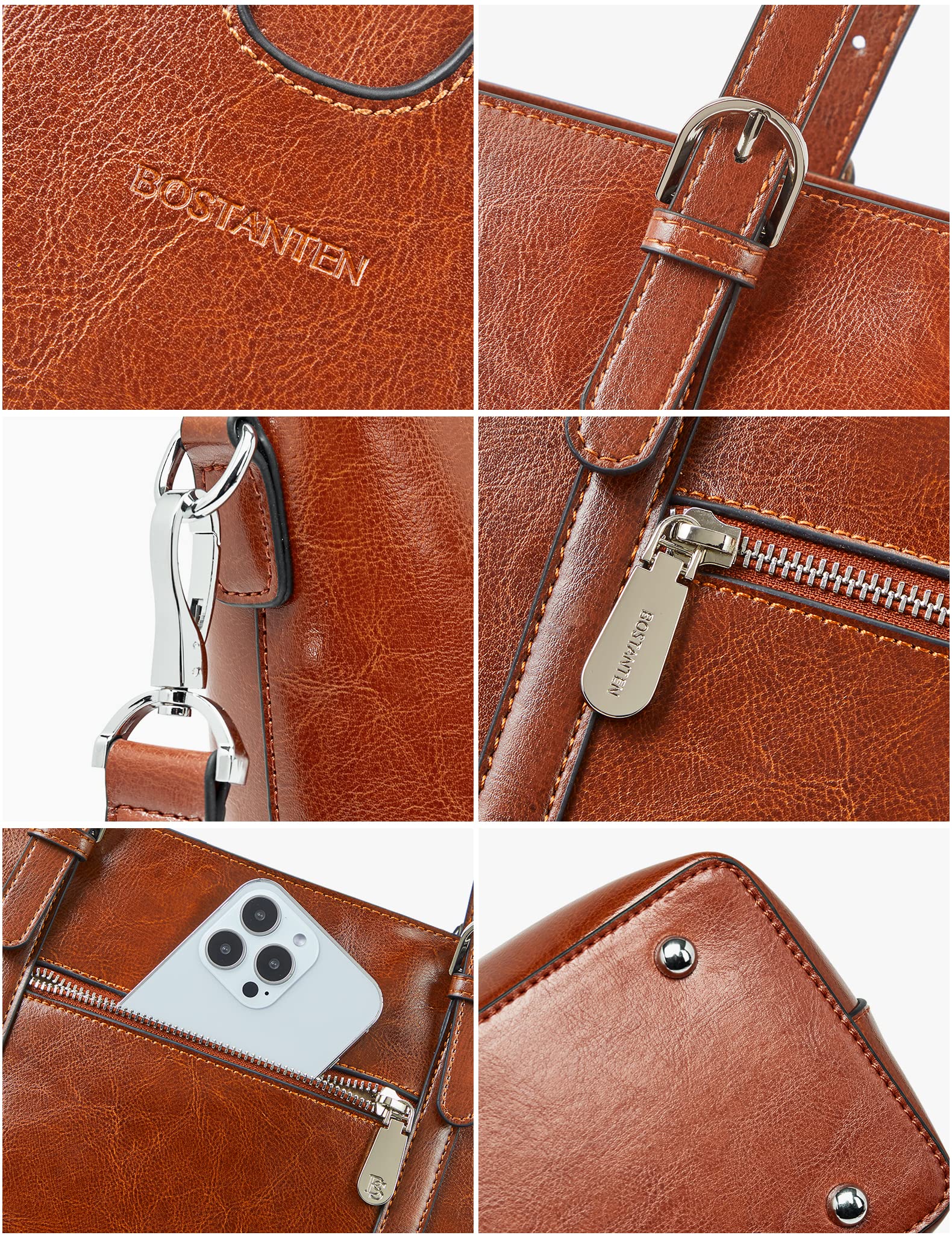 BOSTANTEN Womens Leather Laptop Tote Office Shoulder Handbag Vintage Briefcase 15.6 inch Computer Work Purse Brown