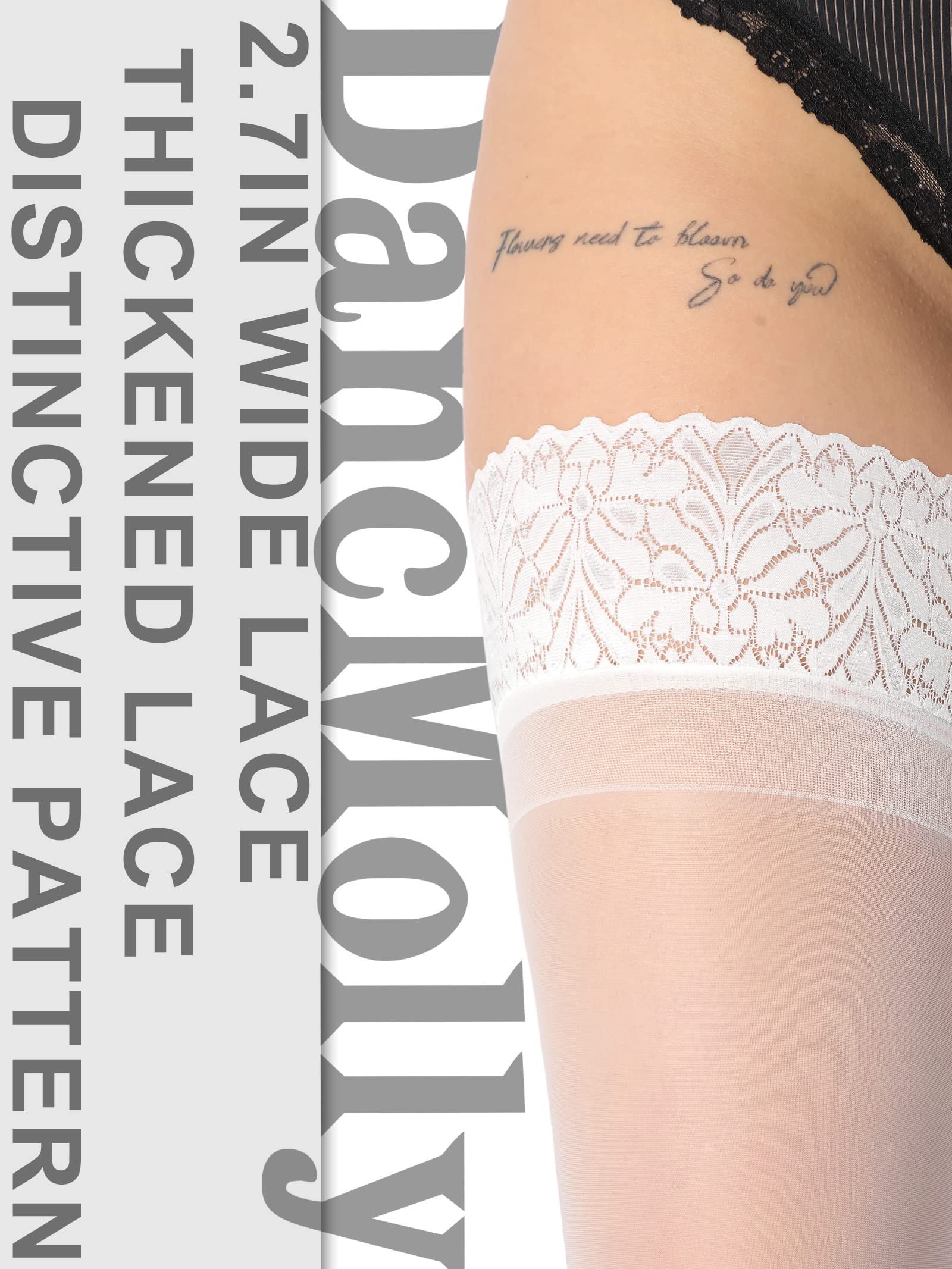 DancMolly Silky Thigh High Stockings, with 17+ Colors Sheer Silicone Lace Top Pantyhose for Women, 1 Pair (White, C-D)