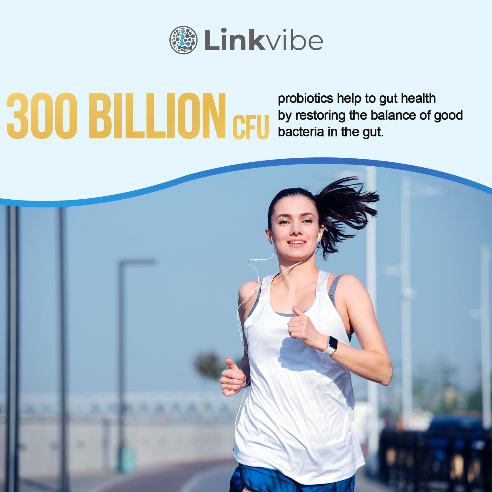 Linkvibe Probiotic 300 Billion CFU - 12 Strains with Organic Prebiotics for Digestive & Gut, Immune, Bloating Health - Probiotics for Women and Men - Daily Dairy Free, Shelf Stable - 60 Counts