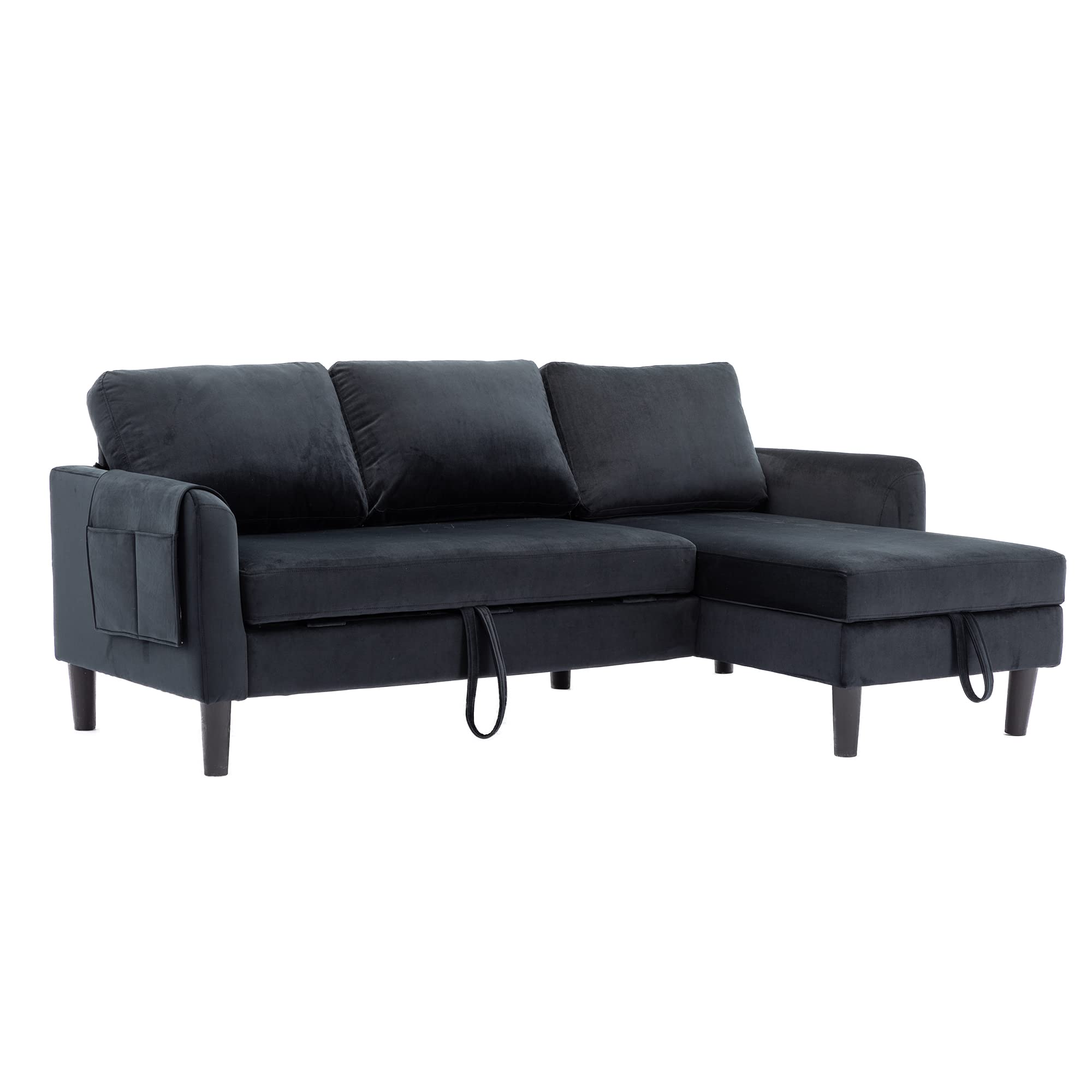PEIHONGET Sleeper Sectional Sofa, 72.44" Velvet L-Shape 3 Seat with Pull Out Bed, Sectional Sofa Couch with Storage Chaise Living Room Bedroom Apartment(Black)