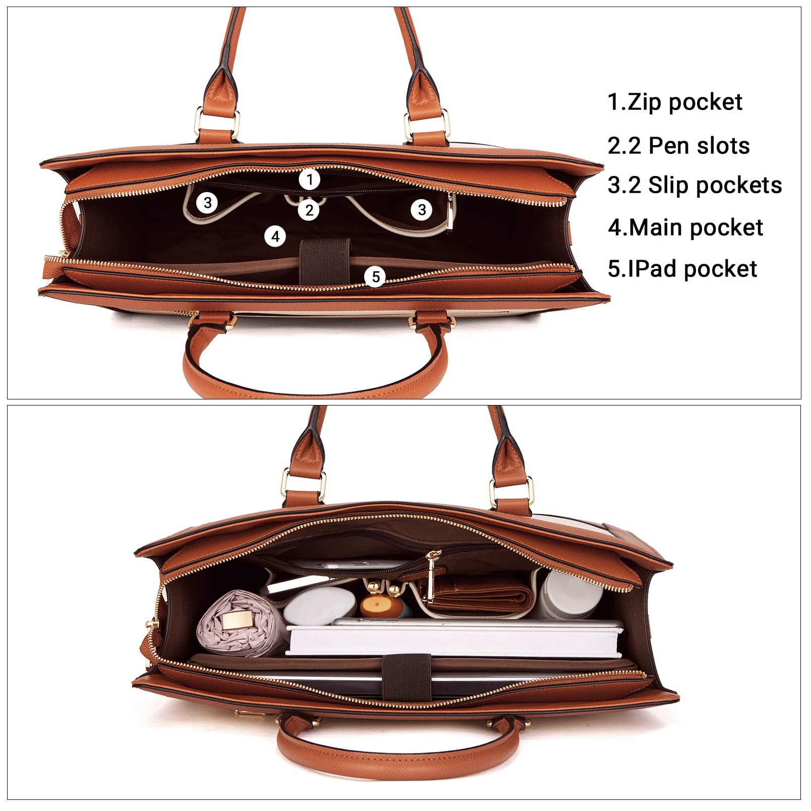 Telena Leather Briefcase for Women, 15.6 Inch Laptop Tote Bag Business Work Briefcase, Large Capacity Handbag Bag, Brown and Beige